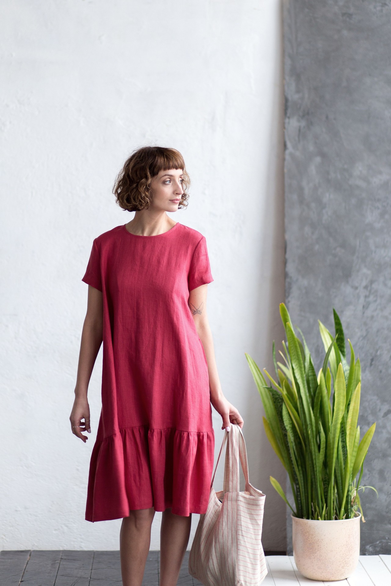 Linen frilled hem dress – OffOn