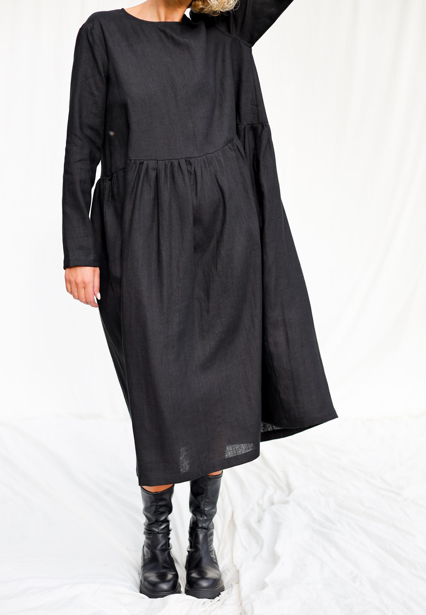 Black linen loose fit smock dress MILANA – OffOn
