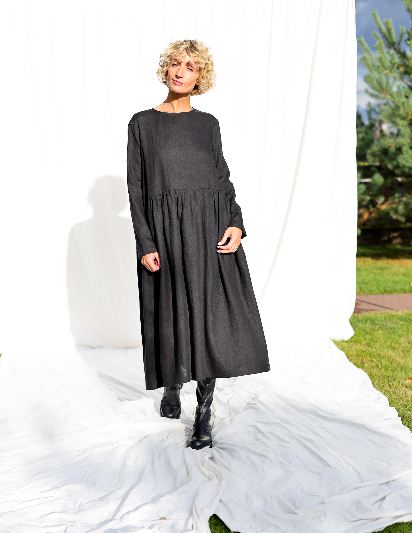 Black linen loose fit smock dress MILANA – OffOn