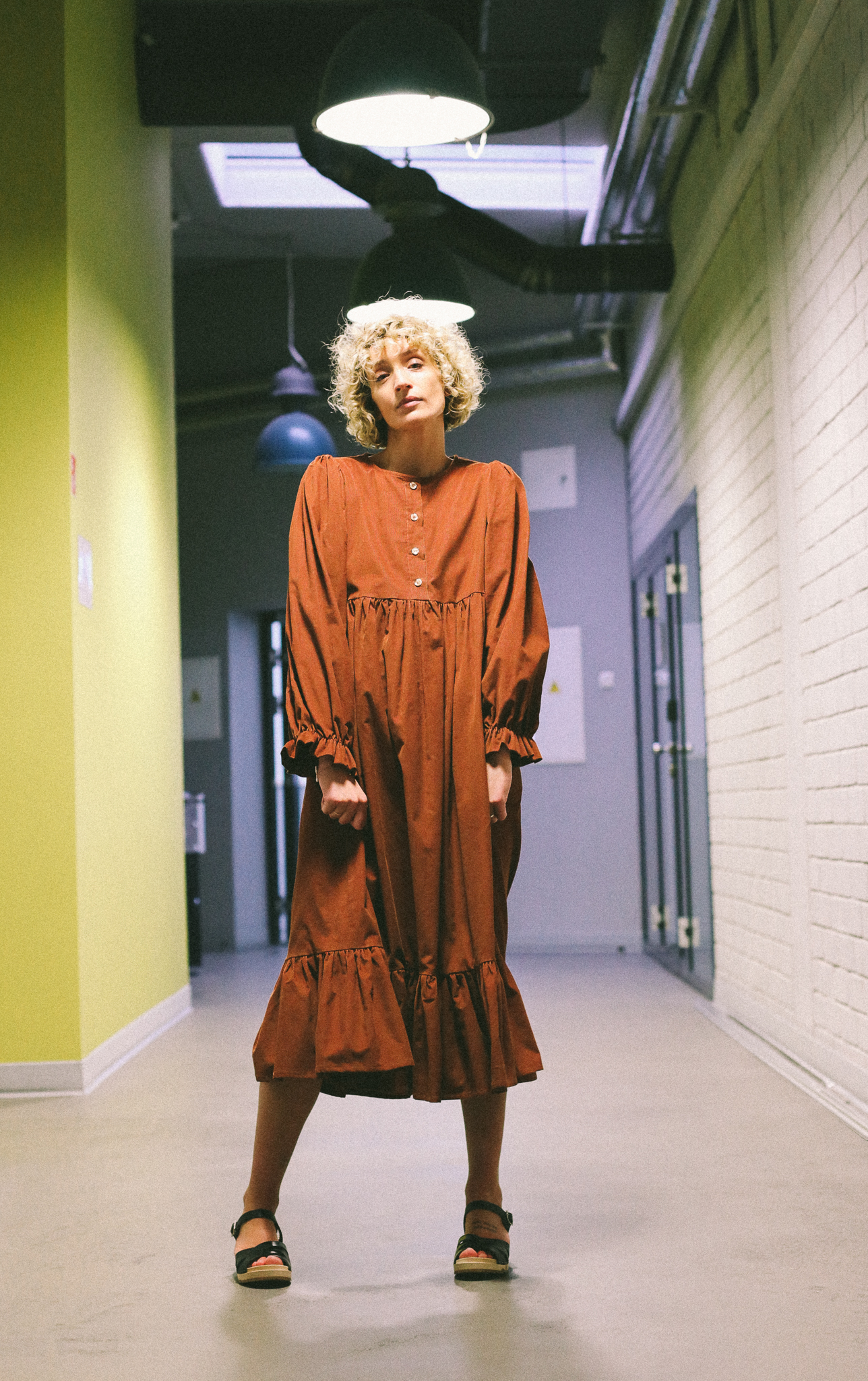 Needlecord long sleeve dress in brick color – OffOn