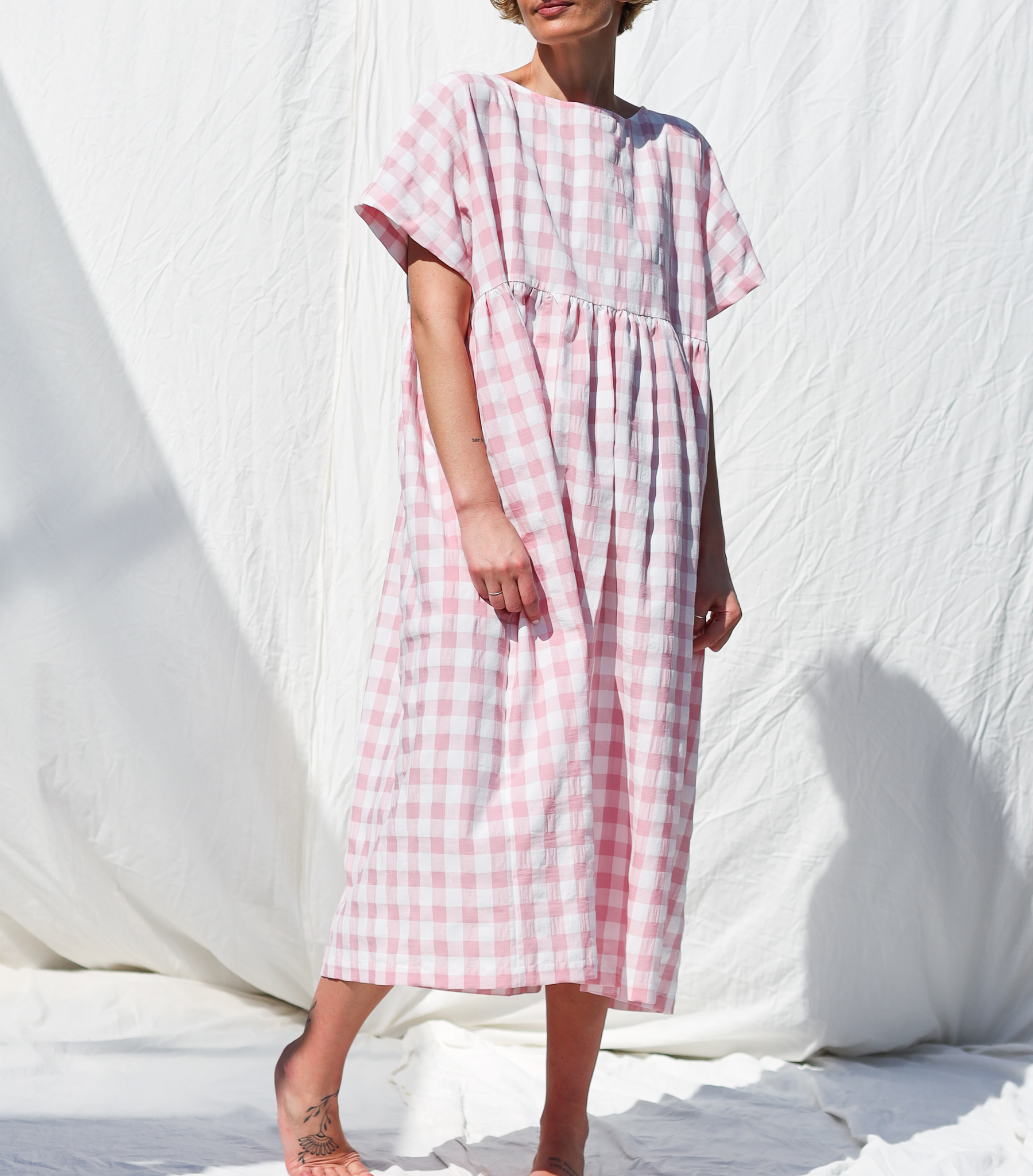 Oversized rose seersucker checks dress SILVINA – OffOn