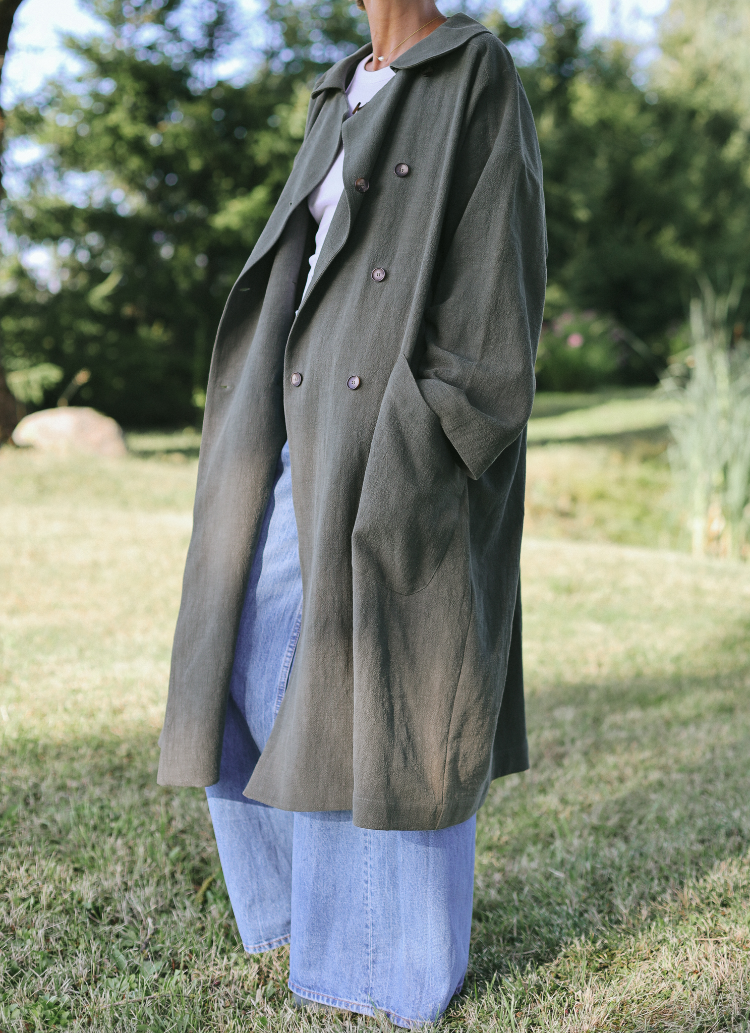 Heavy linen oversized coat in olive green color – OffOn