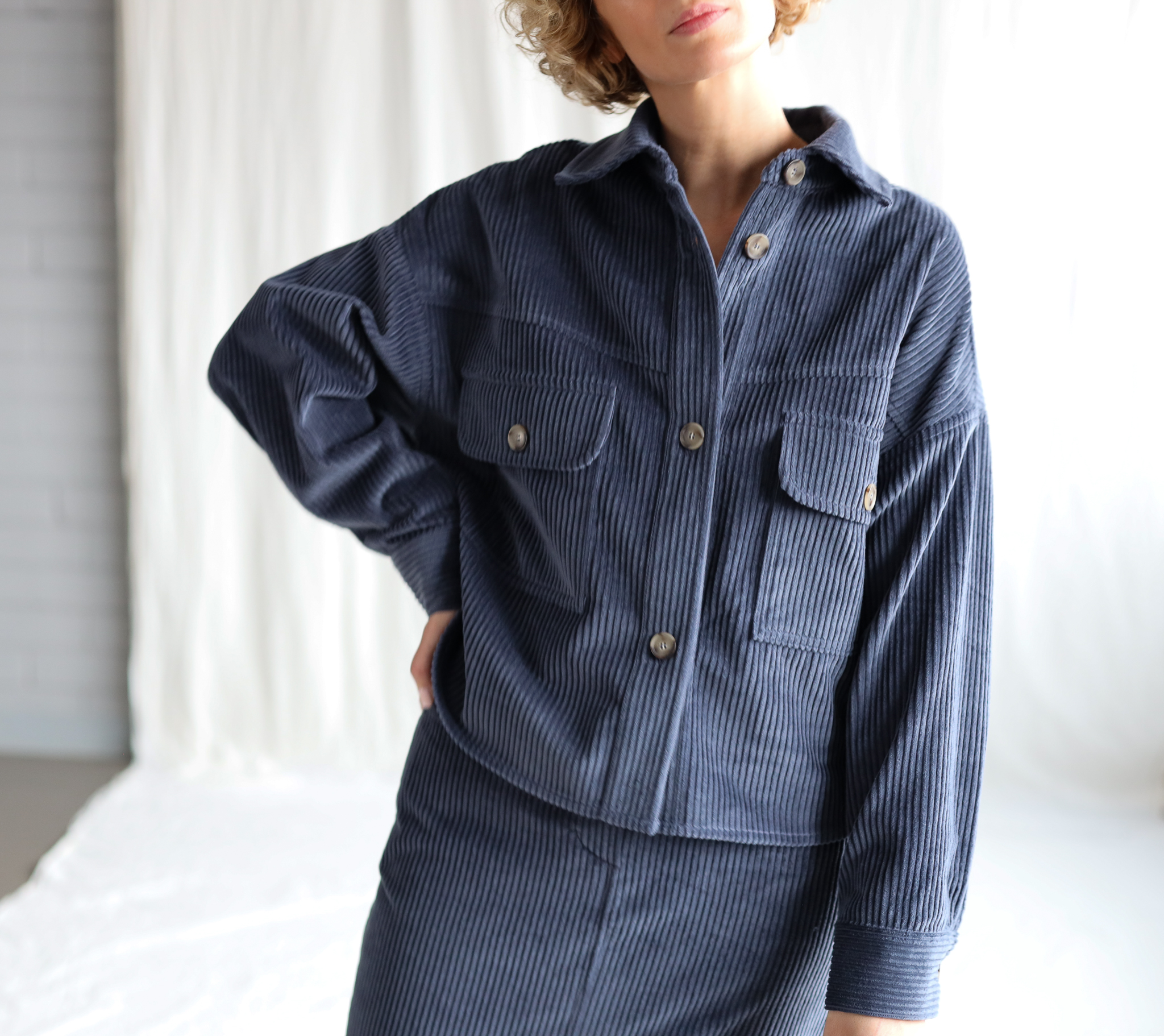 Wide cord oversized overshirt jacket in denim blue color – OffOn