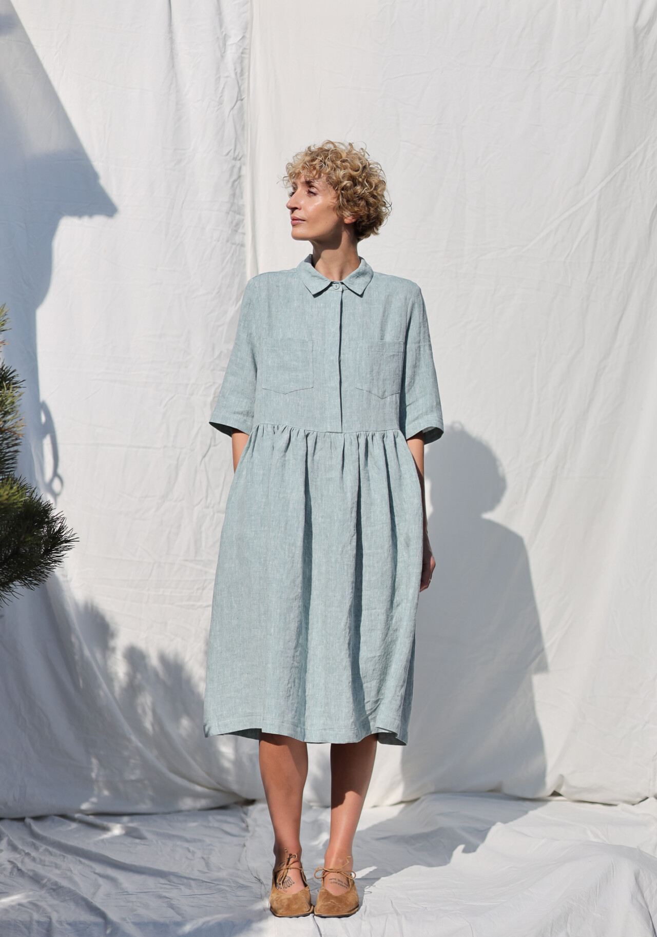 Flowy linen shirt dress with tie belt – OffOn